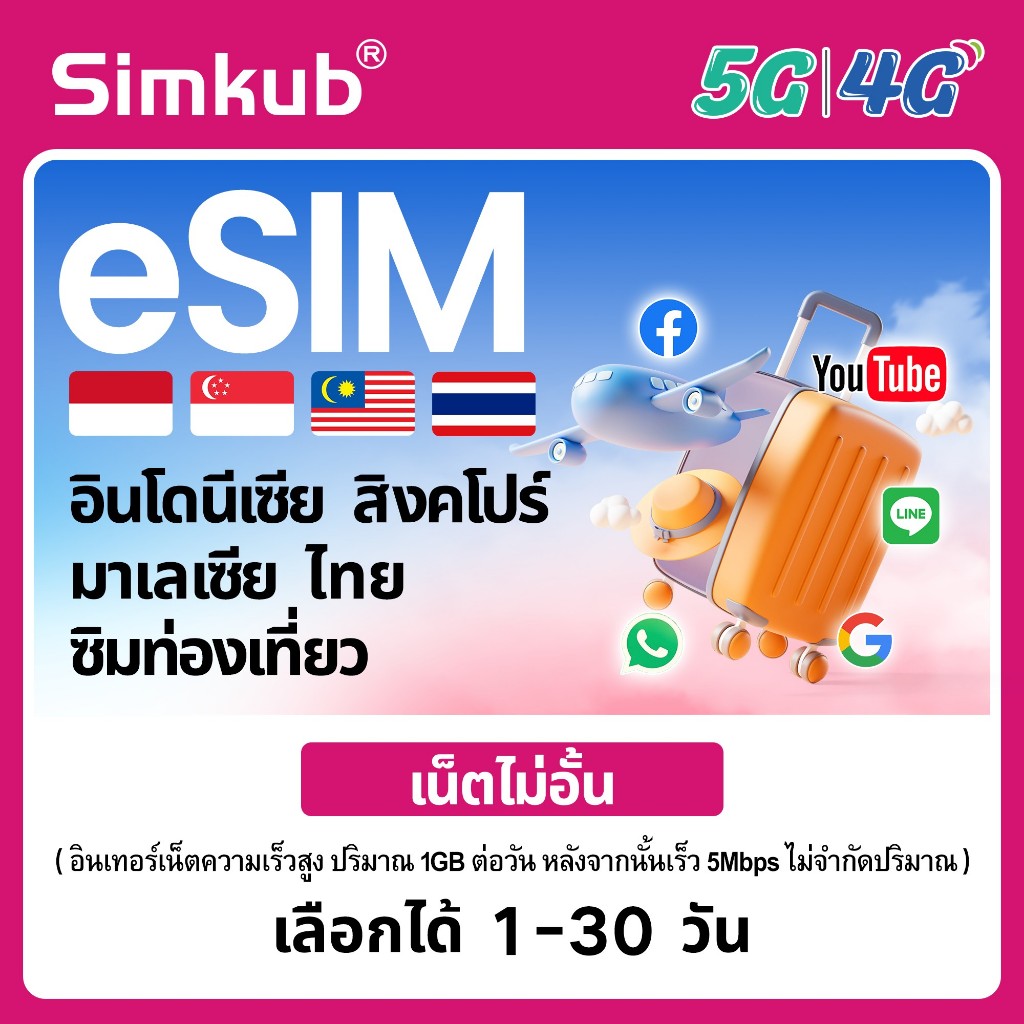 eSIM Indonesia&Singapore&Malaysia&Thailand ใช้ได้ใน 4 ประเทศ เน็ตไม่จำกัด รองรับ 5G/4G เลือกได้ ...