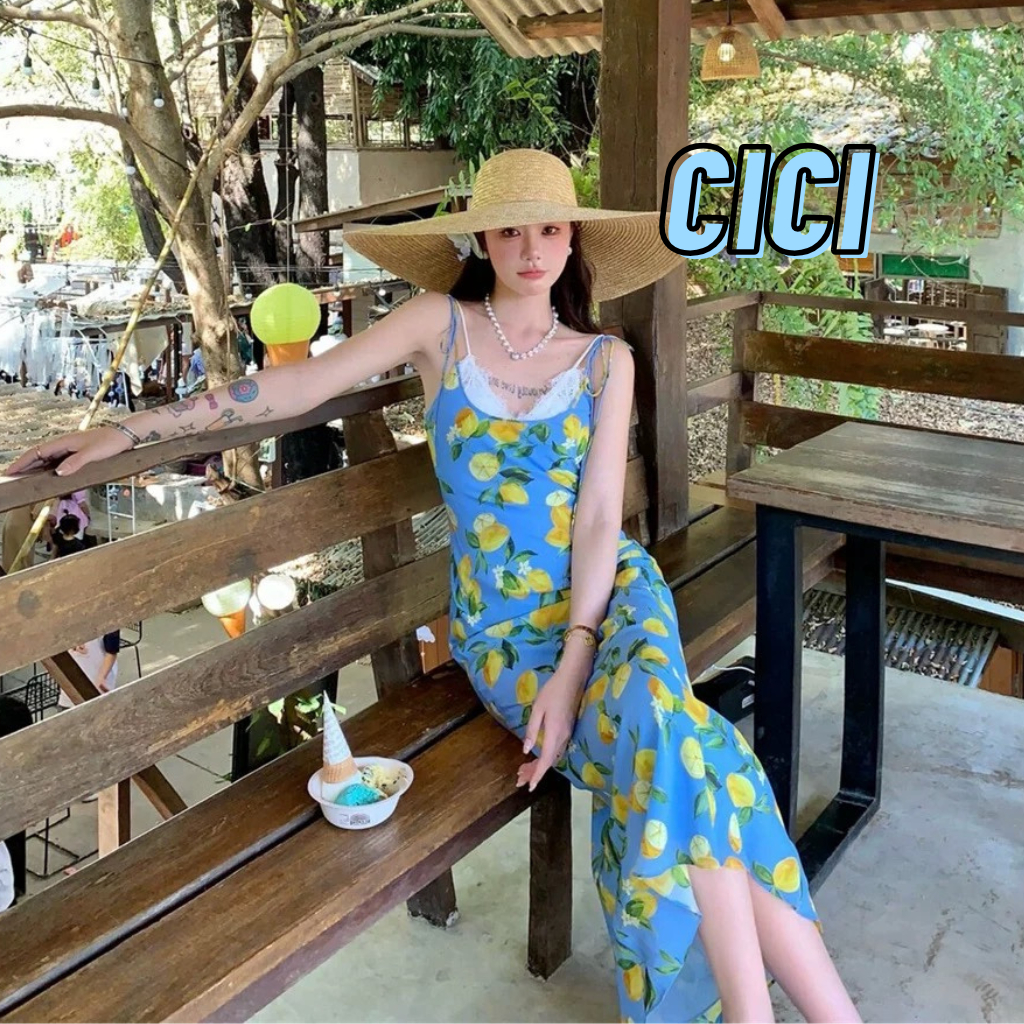 Cici(NO. Y6266) เดรสยาวผูกสาย ดีเทลพิมพ์ลายเลมอน มีซิปข้าง สไตล์สาวน่ารักแบ๊วๆ | Shopee Thailand