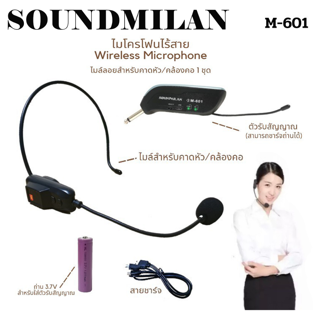 SOUNDMILAN ไมค์ลอยครอบหัวไร้สาย รุ่น M-601 ไมโครโฟนไร้สาย แบบครอบหัว ...