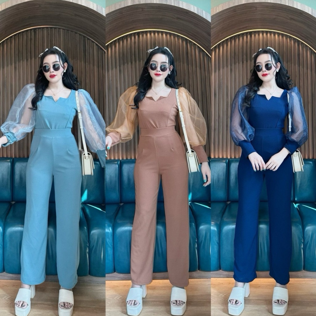 พร้อมส่ง ชุดเซตยาวผ้าวูลเวฟ เสื้อแขนยาวผ้าแก้วคอวี+กางเกงเอวเรียบสม็อค ...