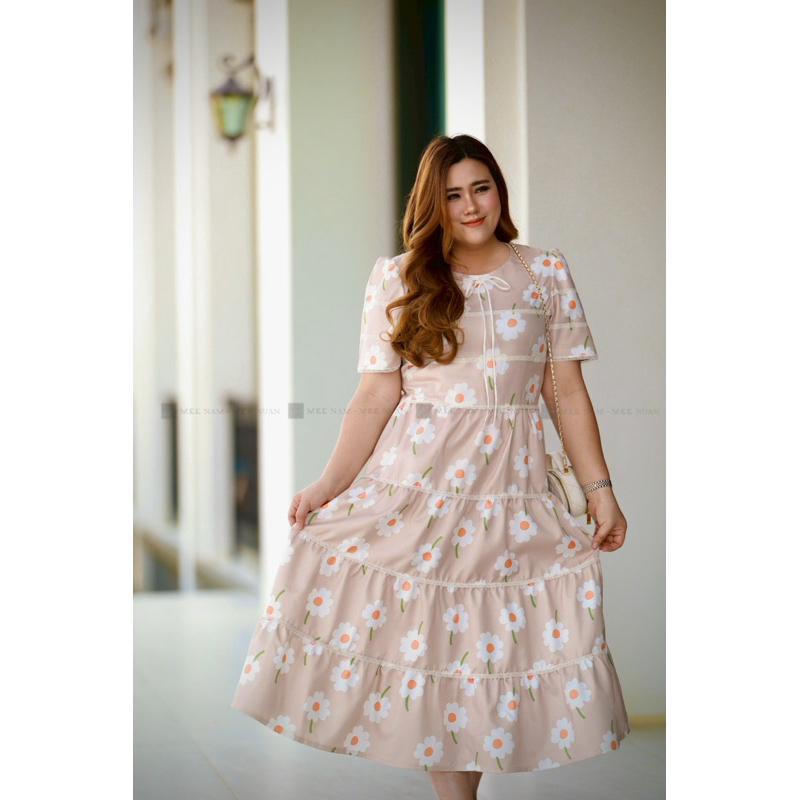 DR342 เดรสดอกโบว์กะปิ เสื้อผ้าพลัสไซส์ Plussize Fashion ชุดคนอ้วน แฟชั่นสาวอวบ | Shopee Thailand