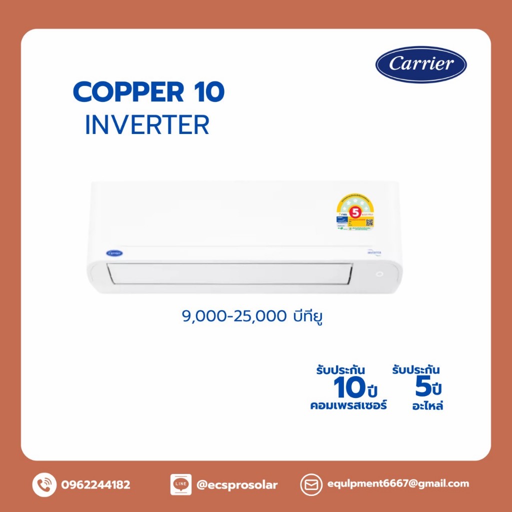 CARRIER แอร์ติดตั้งผนังระบบอินเวอร์เตอร์ รุ่น COPPER 10 R32 ขนาด9200-25200 BTU (เฉพาะตัวเครี่อง ...