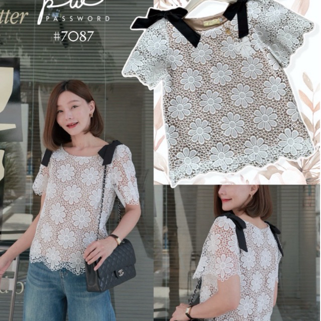 Password • 7087 เสื้อลูกไม้ลายดอกผ้าลูกไม้คอตตอนเนื้อหนานุ่ม ไหล่แต่ง ...