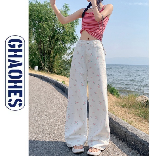 GHAOHES กางเกงยีนส์เอวสูงสีขาว ลายดอกไม้ ทรงเอ กางเกงขากว้างทรงหลวม ไตส์หวานน่ารัก | Shopee Thailand