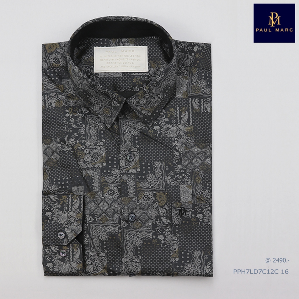 PAUL MARC เสื้อเชิ้ตลายพิมพ์กราฟฟิกสีเทาดำ Signature Print Slim Fit ผ้า ...