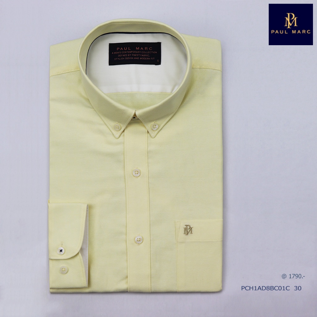 PAUL MARC เสื้อเชิ้ตแขนยาวใส่ทำงาน สีเหลือง ผ้าoxford slim fit ปกbutton ...
