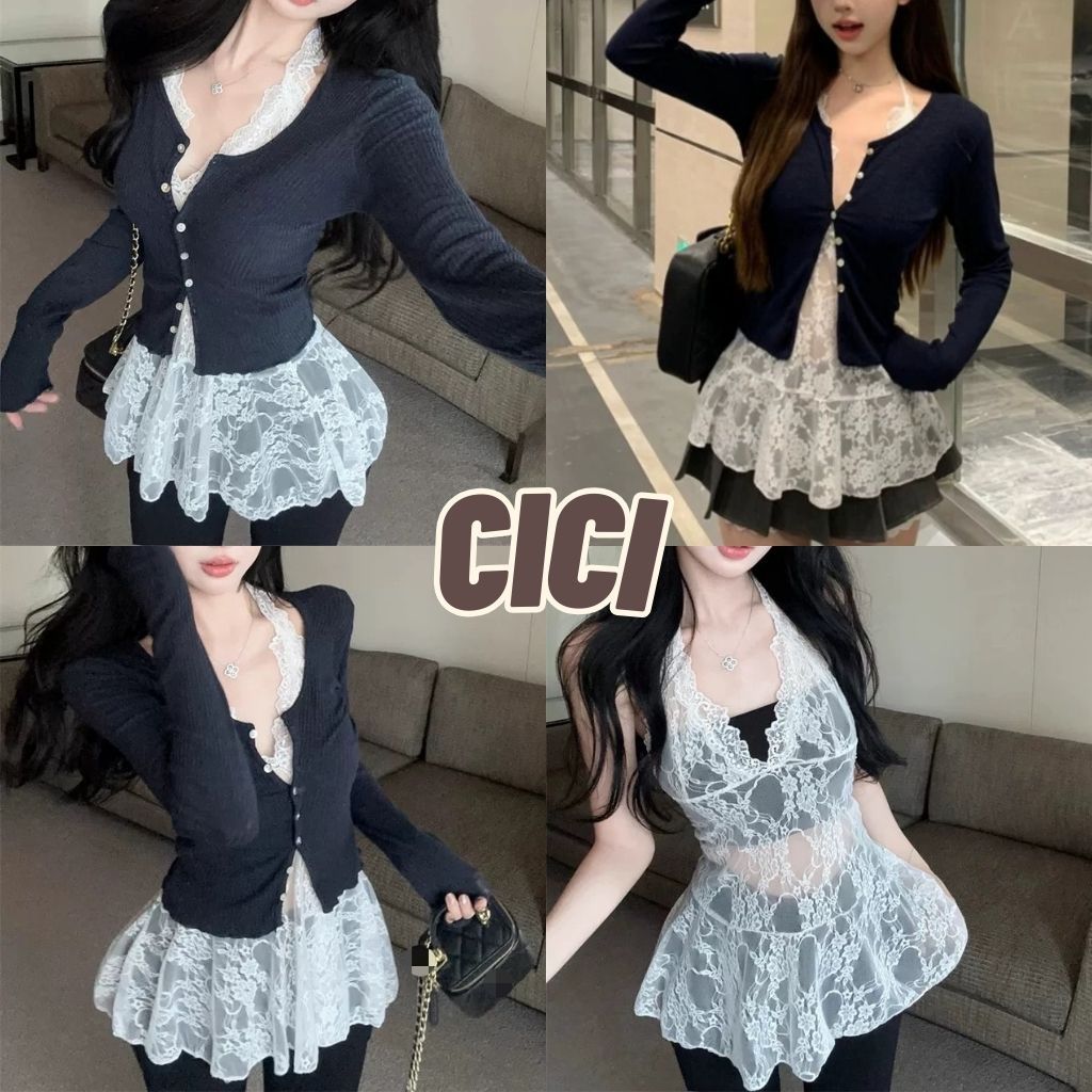 ส่งทันที Cici(NO. J1503) Set 2 ชิ้น เสื้อลูกไม้คล้องคอ ซีทรูชายระบาย+เสื้อคลุมแขนยาว แต่ขอบหยัก ...