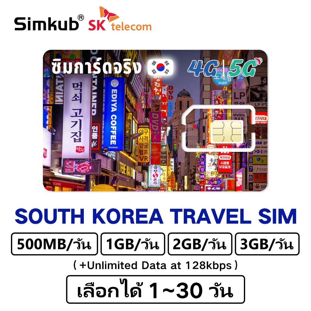 KOREA SIM ซิมเกาหลี ซิมท่องเที่ยวเกาหลี 4G/5G อินเตอร์เนต 500MB-3GB/วัน เลือกได้ 3-30วัน ...