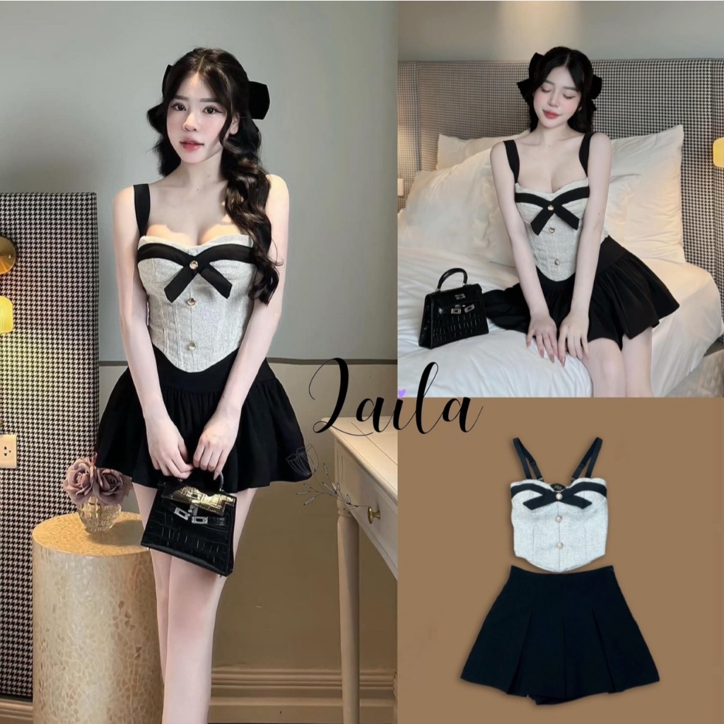 LAILA BRAND LL414 ชุดเซต เสื้อทรงสายเดี่ยว แมทช์กับ กางเกงกระโปรงสีดำ | Shopee Thailand