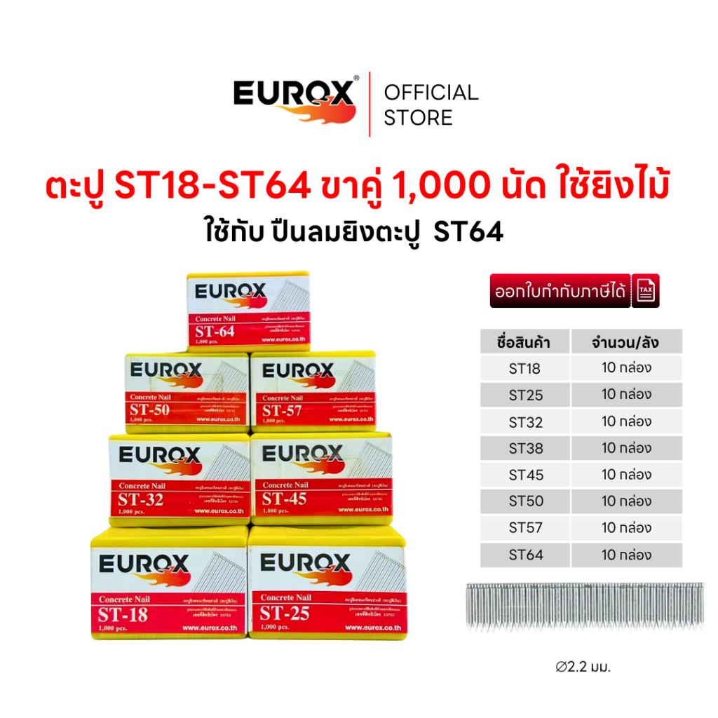 EUROX ลูกตะปู ST18-ST64 ยิงขาเดี่ยวลูกแม็ก ยิงไม้ ตะปูลม F EUROX (บรรจุ 1,000 นัด) (ขายยกลัง ...