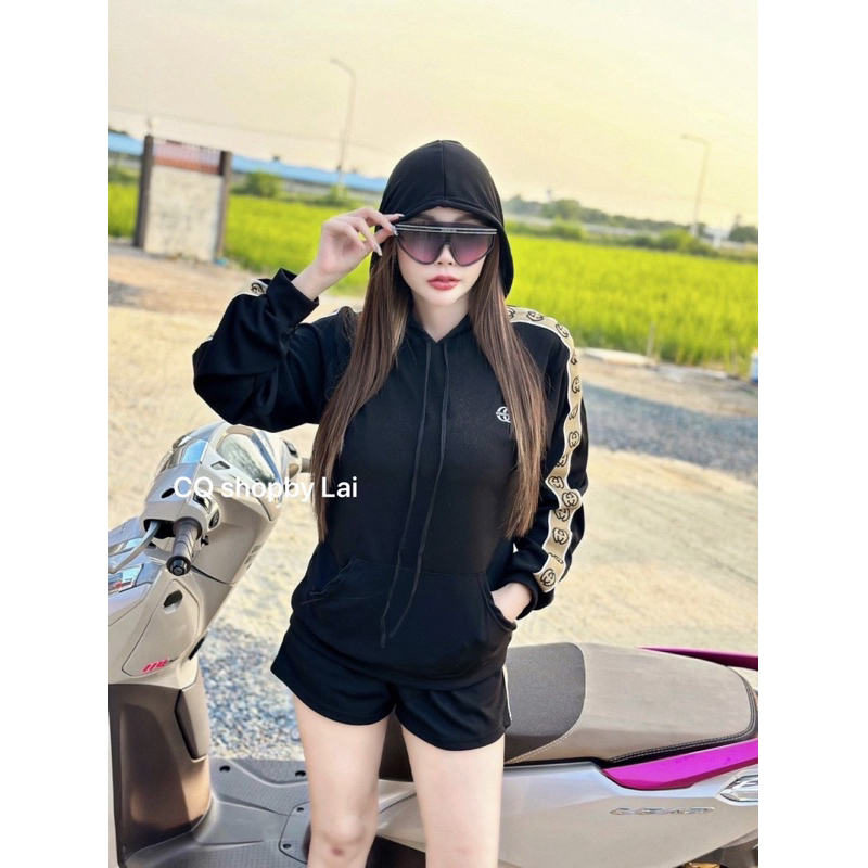 Phapassz - Set2 ชิ้น เสื้อแขนยาวฮู้ด ปักโลโก้ GG โคตรเท่ โคตรเฟี้ยว กางเกงสั้น มีกระเป๋า2ข้าง ...