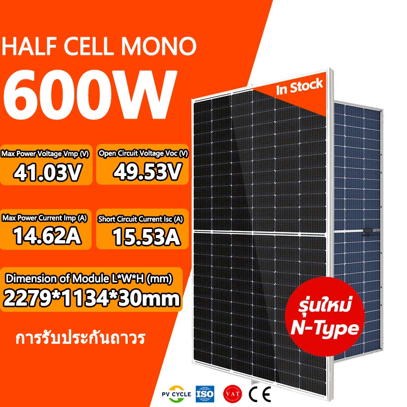 แผงโซล่าเซลล์ 600W Mono Half cell กระจก 2 ด้าน(Bifacial) N-Type Solar ...