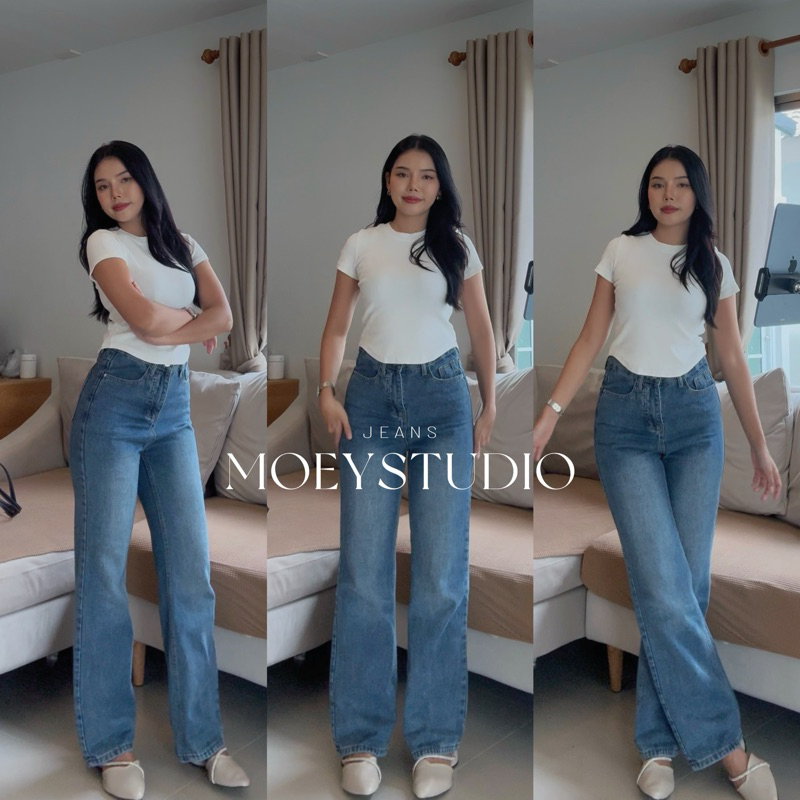 กางเกงยีนส์เอวสูงทรงกระบอกกลางสีฟอก ผ้าดี (1331) | Shopee Thailand