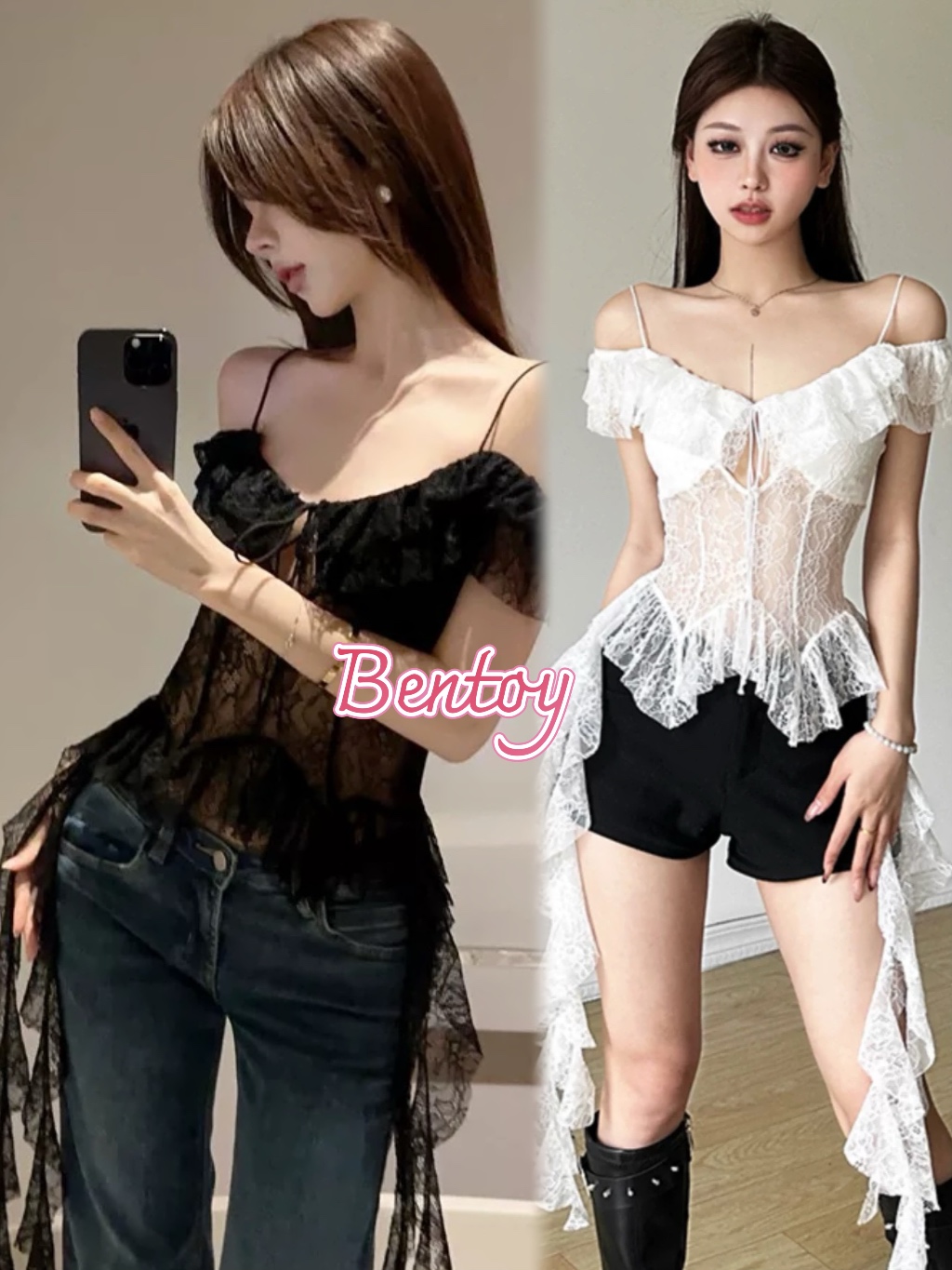 Bentoy(bratop1927)เสื้อสายเดี่ยวปาดไหล่ มีฟองน้ำในตัว ดีเทลลูกไม้ยาวสองข้าง ปลายระบาย เซ็กซี่ ...