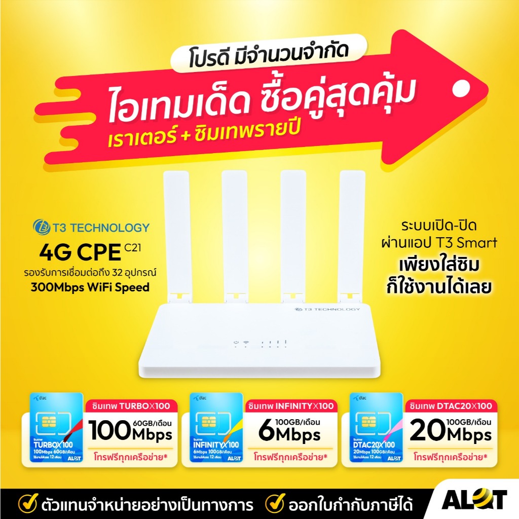 T3 Smart 4G Router Wi-Fi CPE เราเตอร์ ใส่ซิม ประกันร้าน 1 เดือน กระจาย ...