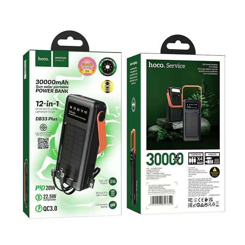 Hoco DB33 Solar Powered Cable LED PowerBank 30000mAh แบตสำรองโซล่าเซลล์ ...