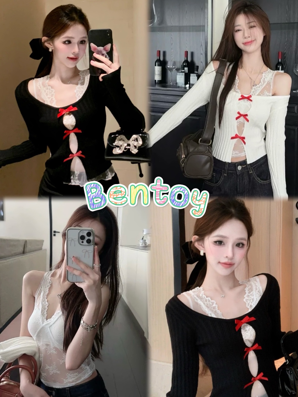 Bentoy(1527)เซ็ท2ชิ้น เสื้อยืดแขนยาวพร้อมเสื้อลูกไม้ข้างใน สุดฮอท เซ็กซี่เบาๆ ติดโบว์แดงหน้าอก ...