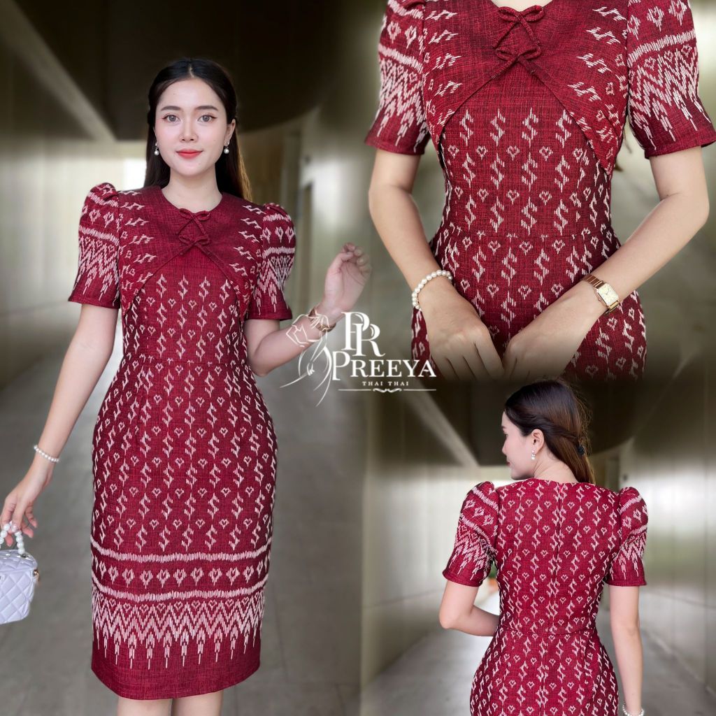 PR117 เดรสผ้าฝ้ายทอลาย ยกแขน อัดกาวทั้งชุด แบรนด์ preeya | Shopee Thailand