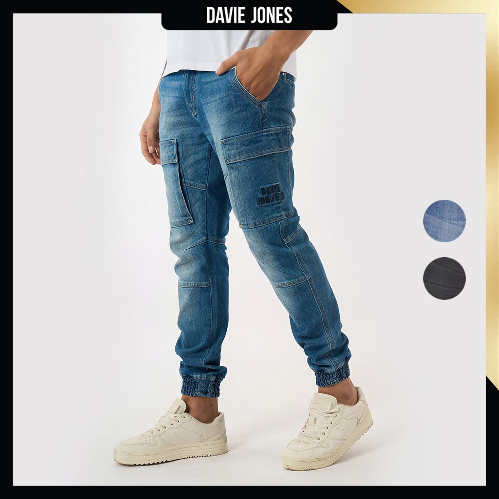 DAVIE JONES กางเกงจ็อกเกอร์ ยีนส์ เอวกระดุม Button Waist Denim Joggers ...