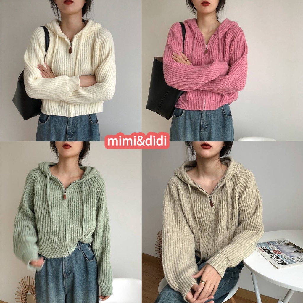 mimi&didi#เสื้อแจ็กเก็ตกันหนาว ผ้าถัก มีฮู้ด ทรงหลวม สไตล์เกาหลี แฟชั่นฤดูใบไม้ผลิ และฤดูใบไม้ ...