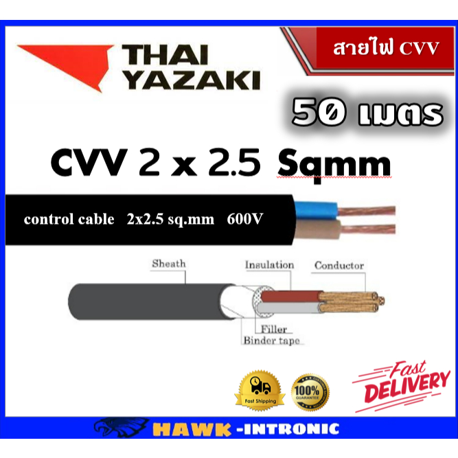 สายไฟ CVV 2x2.5 Sqmm (50 เมตร) 600V ยาซากิ YAZAKI สายไฟ ทองแดง แท้💯% | Shopee Thailand