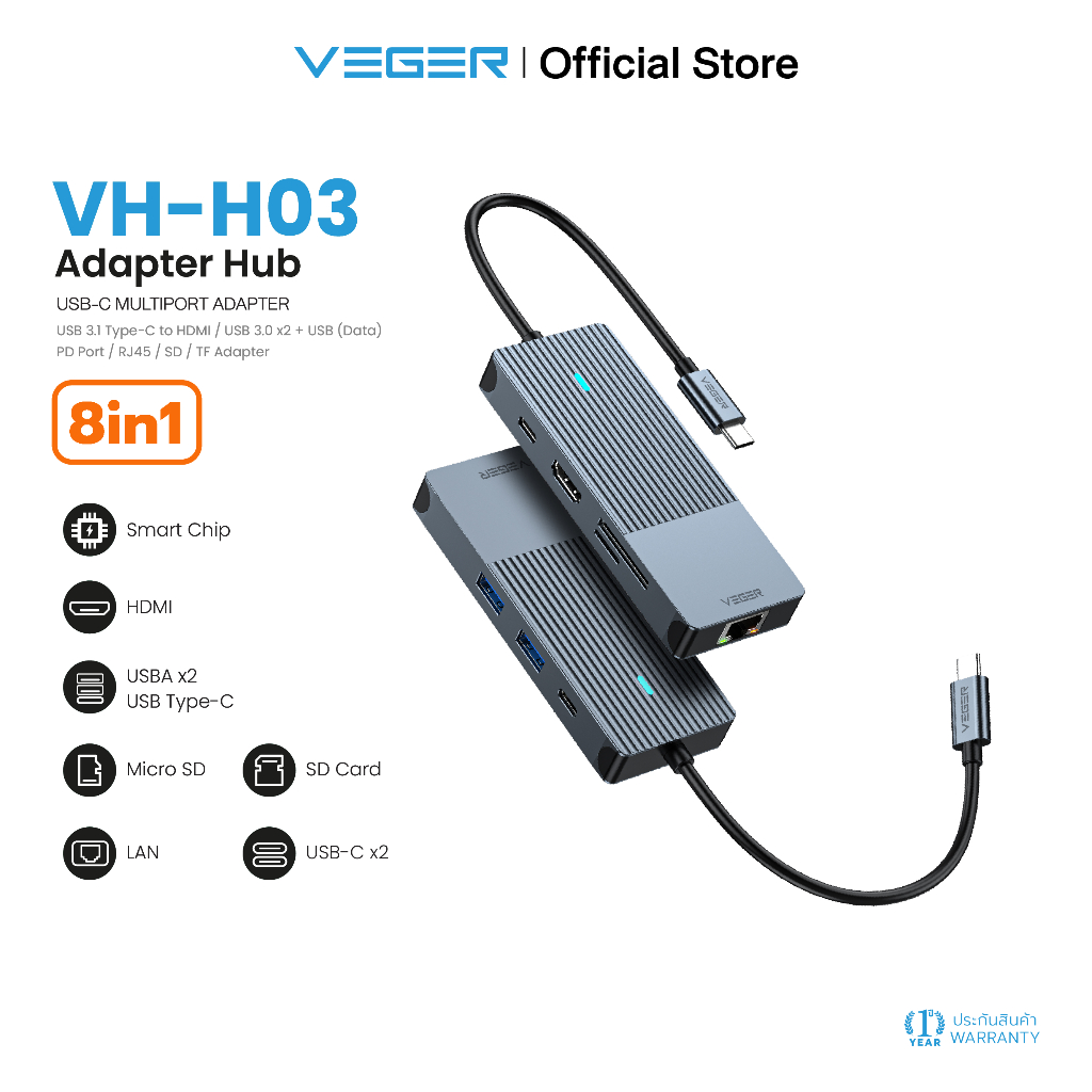 VEGER VH-H03 Adapter HUB USB-C 8in1 Multiport Adapter ตัวแปลง type-c ...