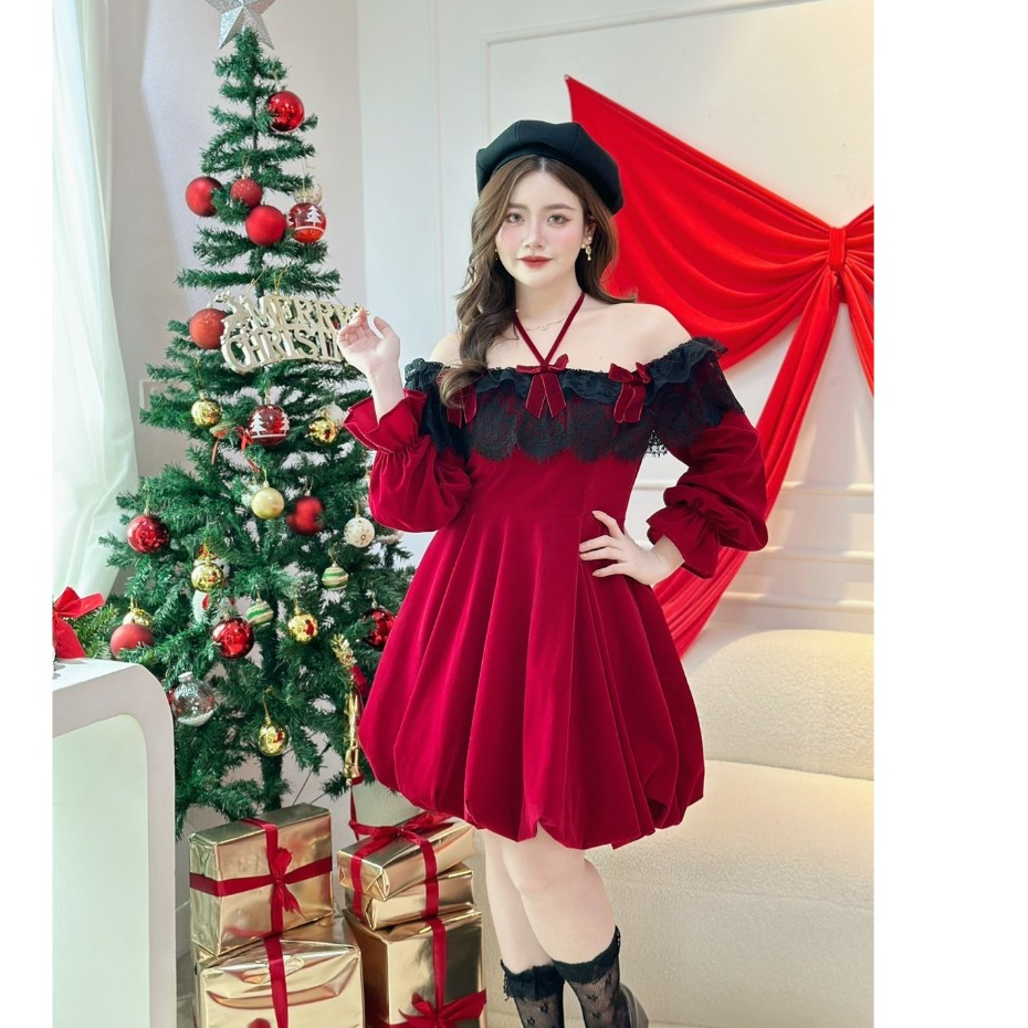 CL237 : Calorie Fashion มินิเดรสสีแดง ลูกไม้ปาดไหล่คล้องคอ แต่งโบว์ช่วง ...