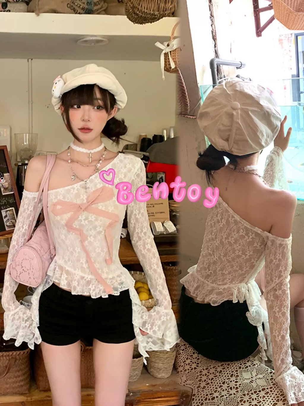 Bentoy(1389)เสื้อลูกไม้แขนยาวปาดไหล่ ลูกไม้ทั้งตัวมีซับใน ดีเทลโบว์ใหญ่ชมพูหน้าอก ปลายระบาย ...