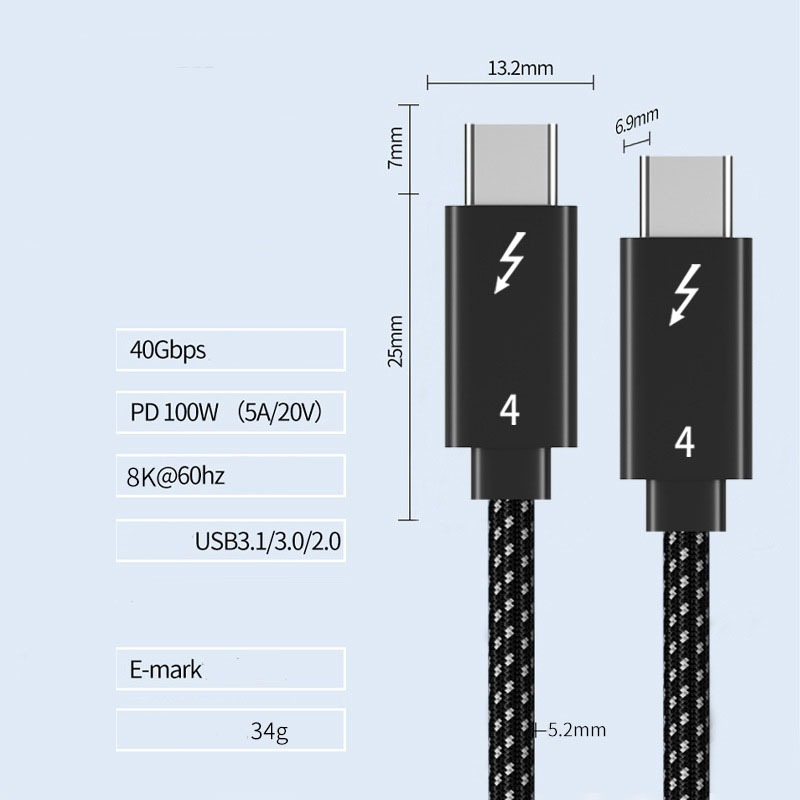 Coaxial 40Gbps Thunderbolt 4 สายเคเบิล USB4 Type C PD100W 5A 20V 8K USB-C ถ่ายโอนข้อมูล | Shopee ...