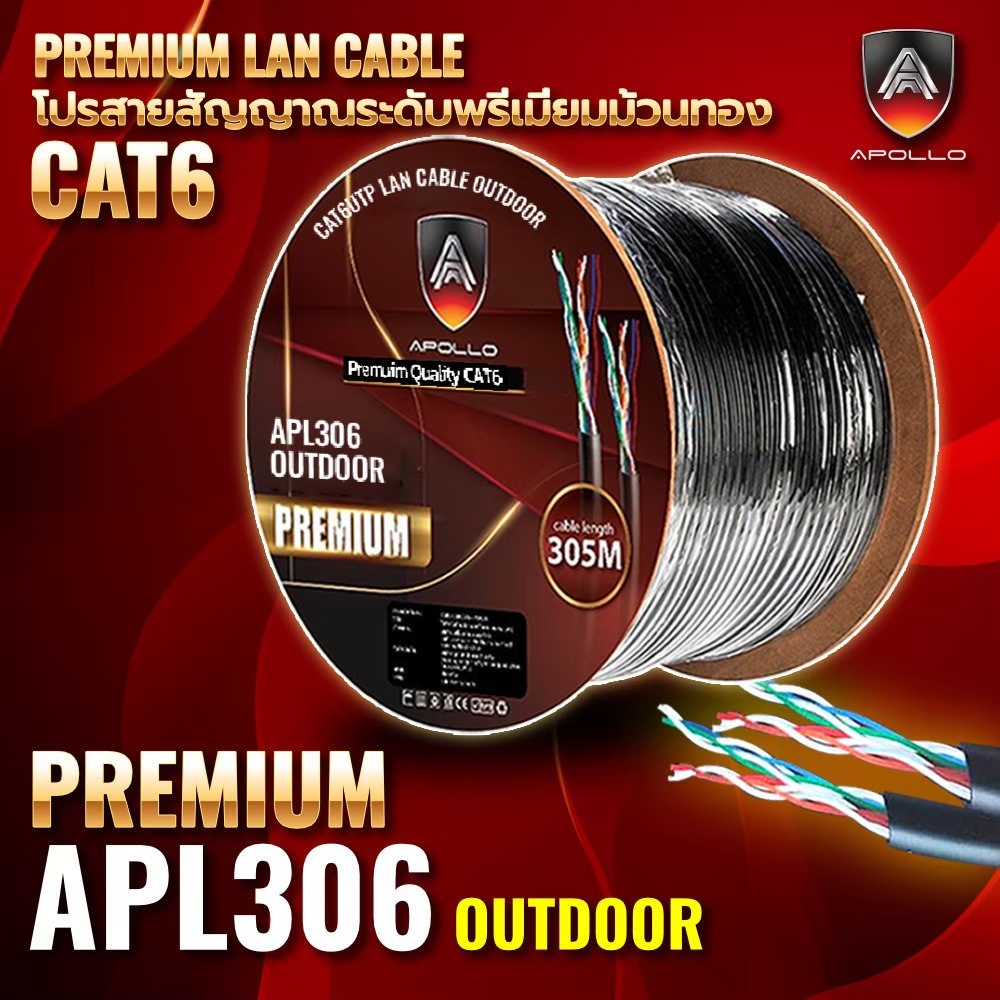 APOLLO สายแลน รุ่น APL306-OUTDOOR PREMIUM Lan Cable UTP CAT6 Outdoor สำหรับใช้ภายนอก 305m./Box ...