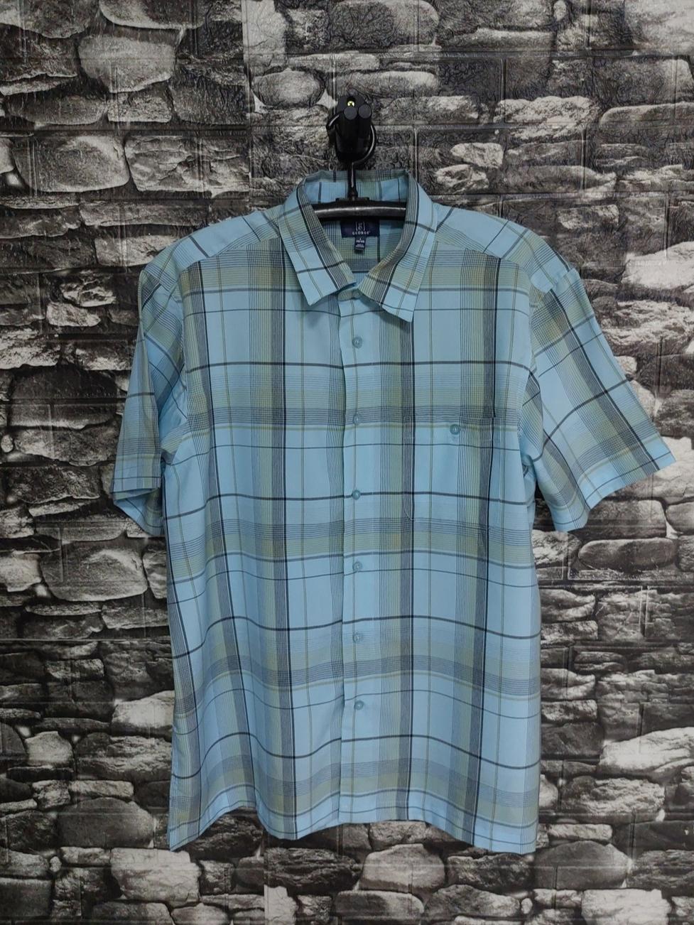 เชิ๊ตแขนสั้นลายสก็อตสีฟ้า อก 46 แบรนด์George Size L | Shopee Thailand