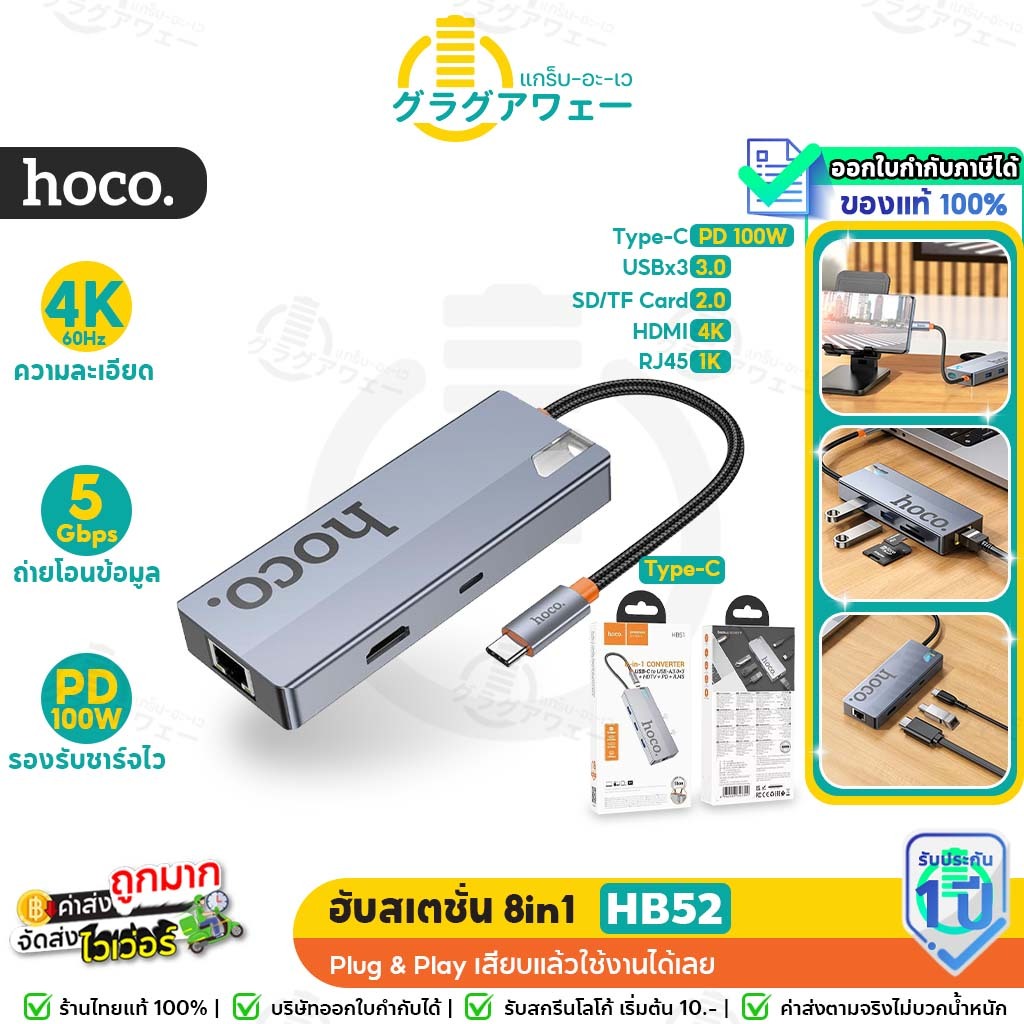 Hoco HB52 8in1 ฮับอะแดปเตอร์ Type-C to 4K HDMI + RJ45 + SD / TF Card ...