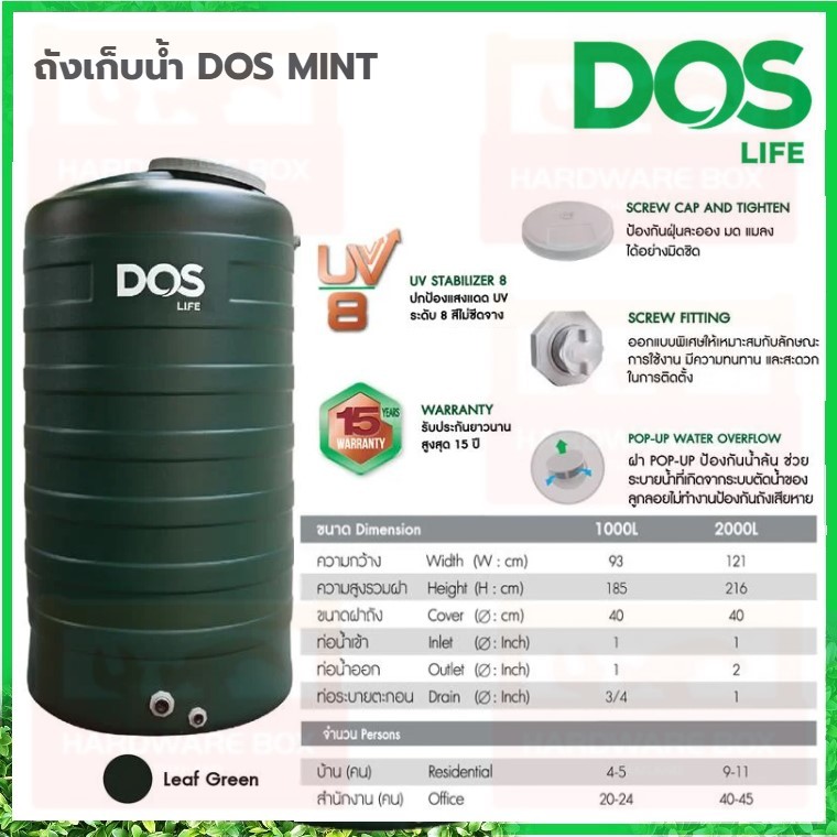 ถังเก็บน้ำ DOS MINT ขนาด 1000 ลิตร ทึบแสง ป้องกันตะไคร้น้ำ รับประกัน 15 ...