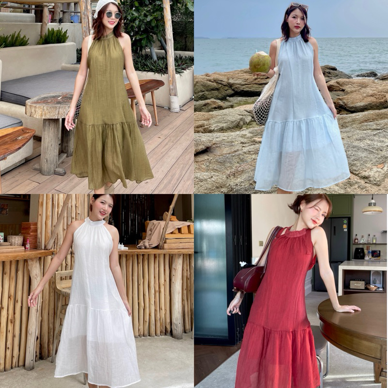 M405- เดรสยาวแขนกุดพริ้วๆ ผูกคอโบว์มีซับในน่ารักมากก | Shopee Thailand