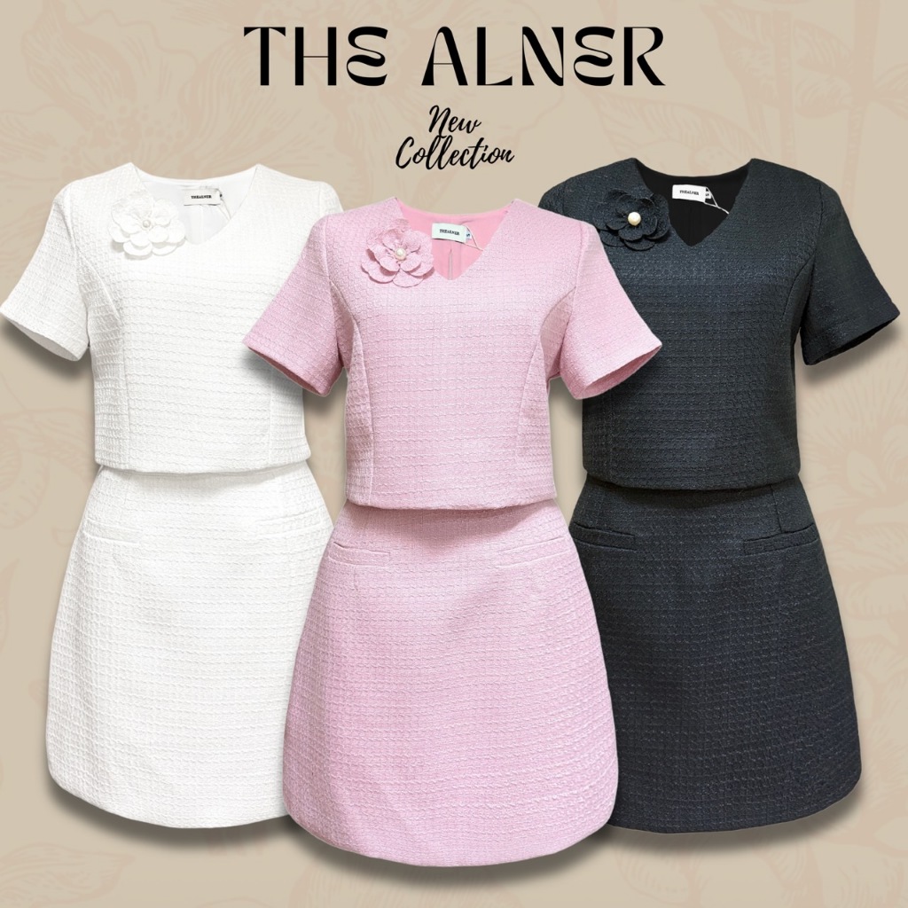 Thealner - AN812 (เซตเสื้อคอวีแต่งดอก3D กระโปรง) | Shopee Thailand