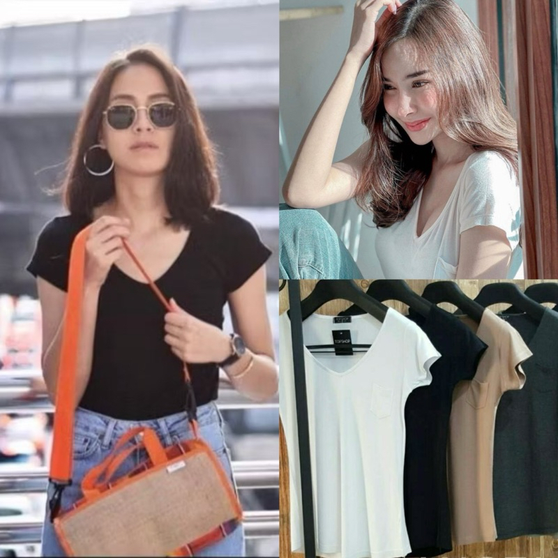 เสื้อยืดคอวี กระเป๋าหน้า ผ้าเรย่อน ป้าย TOPSHOP | Shopee Thailand