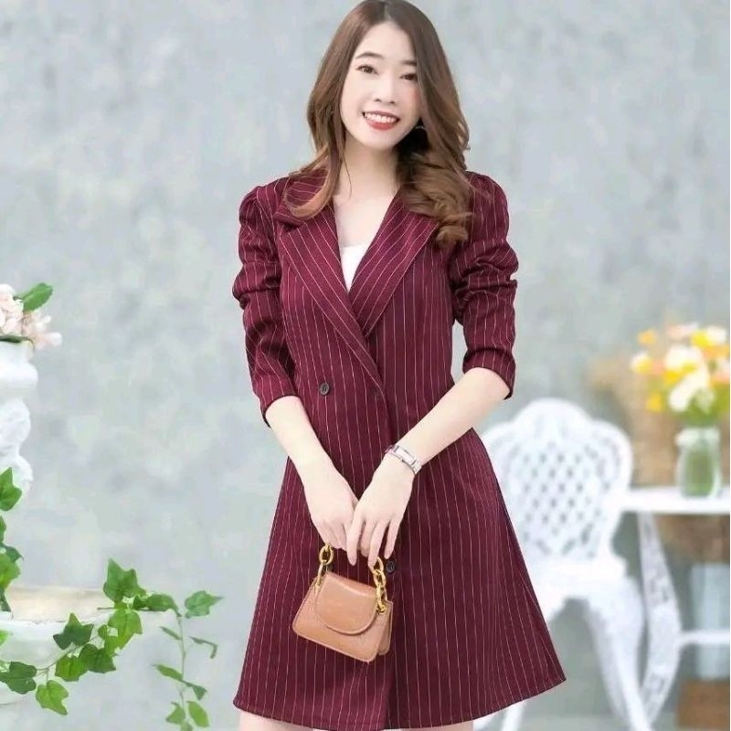 mk052 ชุดเดรสปกสูทแขนยาวลายริ้ว ติดกระดุมดำ | Shopee Thailand