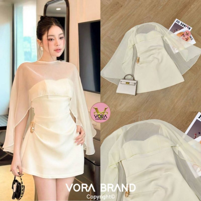 VORA Dress เกาะอก จับจีบเข้ารูป แต่งเข็มกลัดด้านข้าง อกมีฟองน้ำจัดทรงให้ค่ะ แต่งผ้าคลุมชีฟองยาว ...