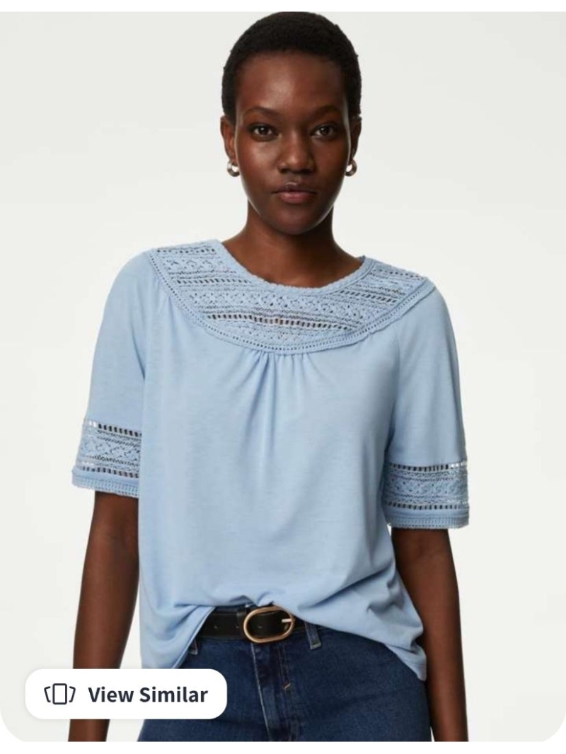 M&S Jersey lace Insert Top เสื้อยืด ผ้าบางแต่งลูกไม้ สีฟ้า งานมือ1 ...