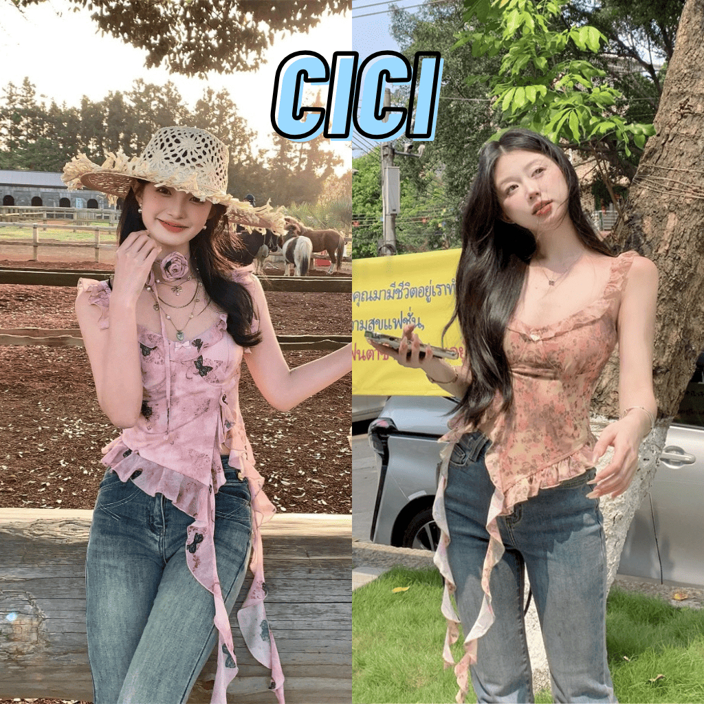 Cici(NO.D0266) เสื้อสายเดี่ยวผ้าตาข่ายติดโบว์ ลายพิมพ์มีฟองน้ำ สม็อคหลังแต่งระบาย สไตล์สาวเกาหลี ...
