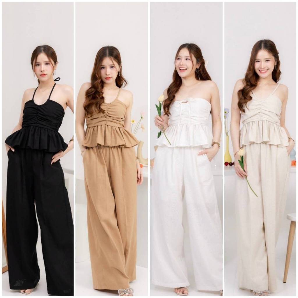 PG123 Pagame อลิน Set-เสื้อสายผูกชายระบาย-กางเกงขายาวลินิน | Shopee Thailand