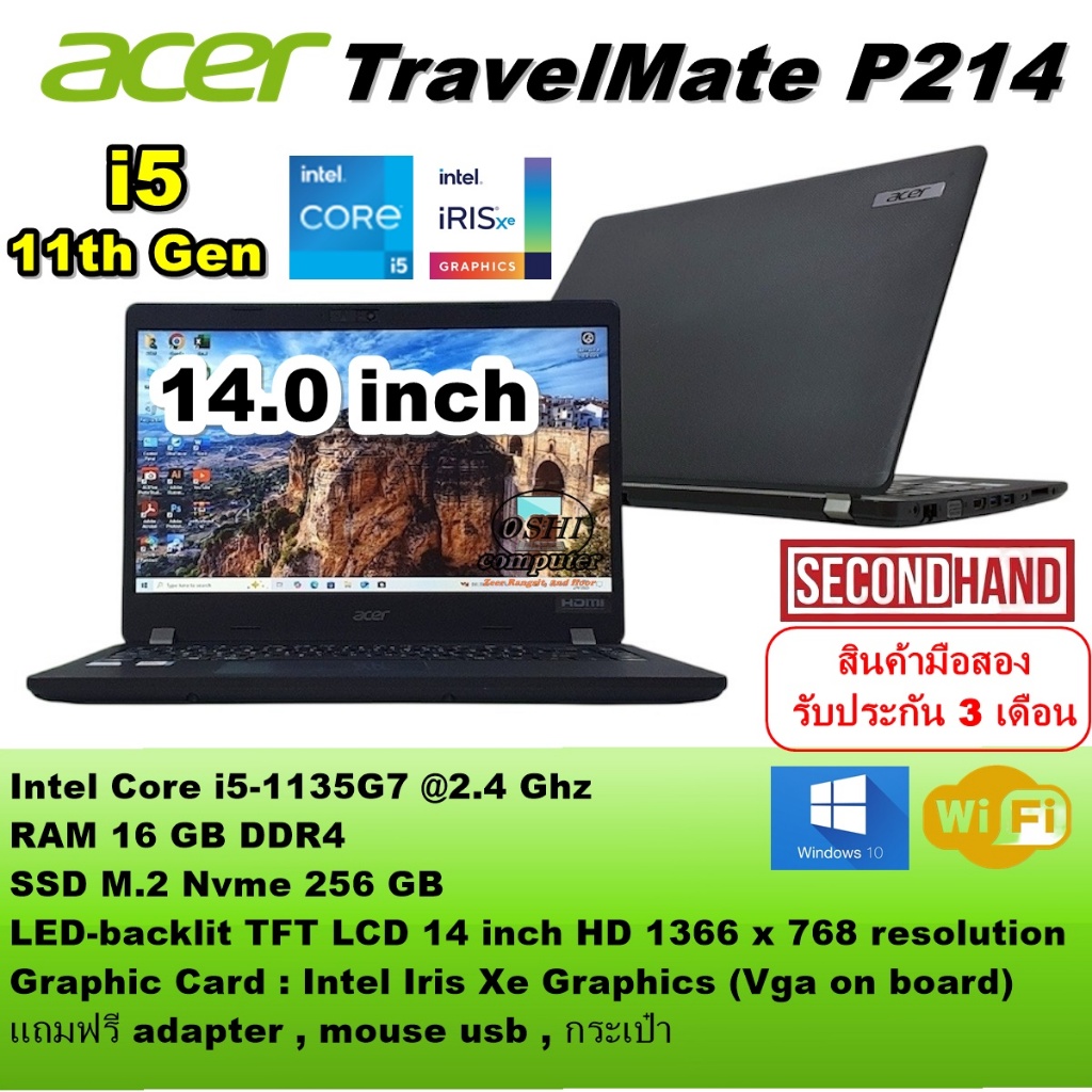 [มือสอง]Notebook Acer TravelMate P214 CPU Core i5 1135G7 2.4ghz (gen11)/RAM 16GB/m.2 256gb/จอ14 ...
