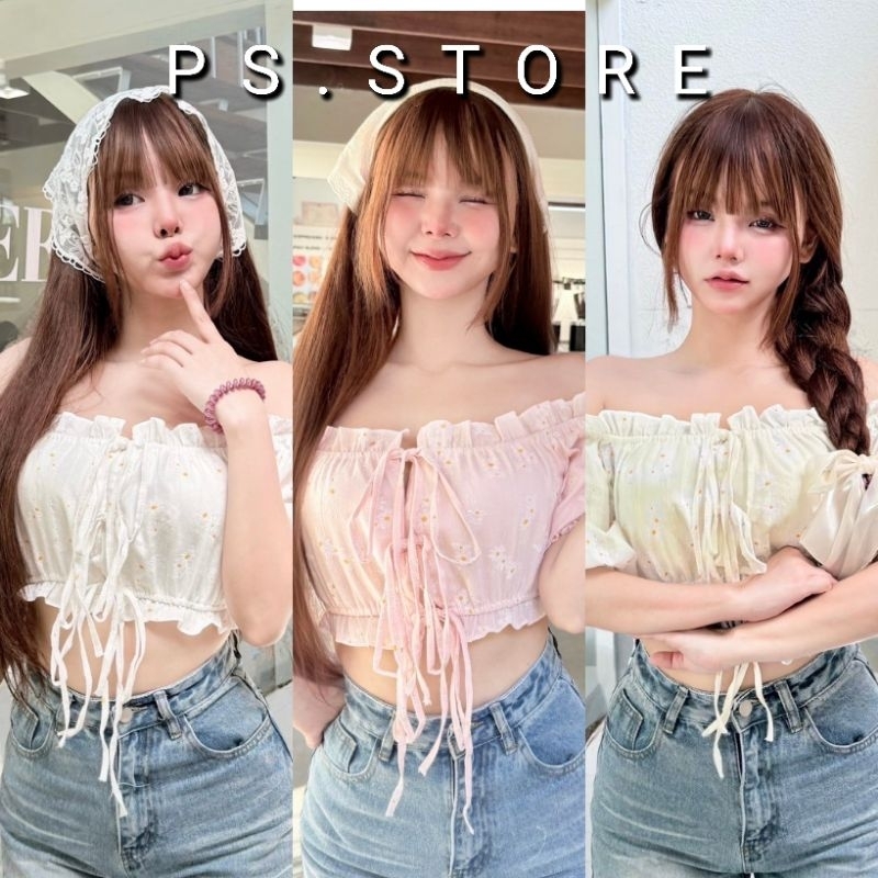 Butsaba : เสื้อครอปแขนตุ๊กตาพอง ผ้าปักฉลุลายดอก ผูกโบว์หน้า3ชั้น | Shopee Thailand