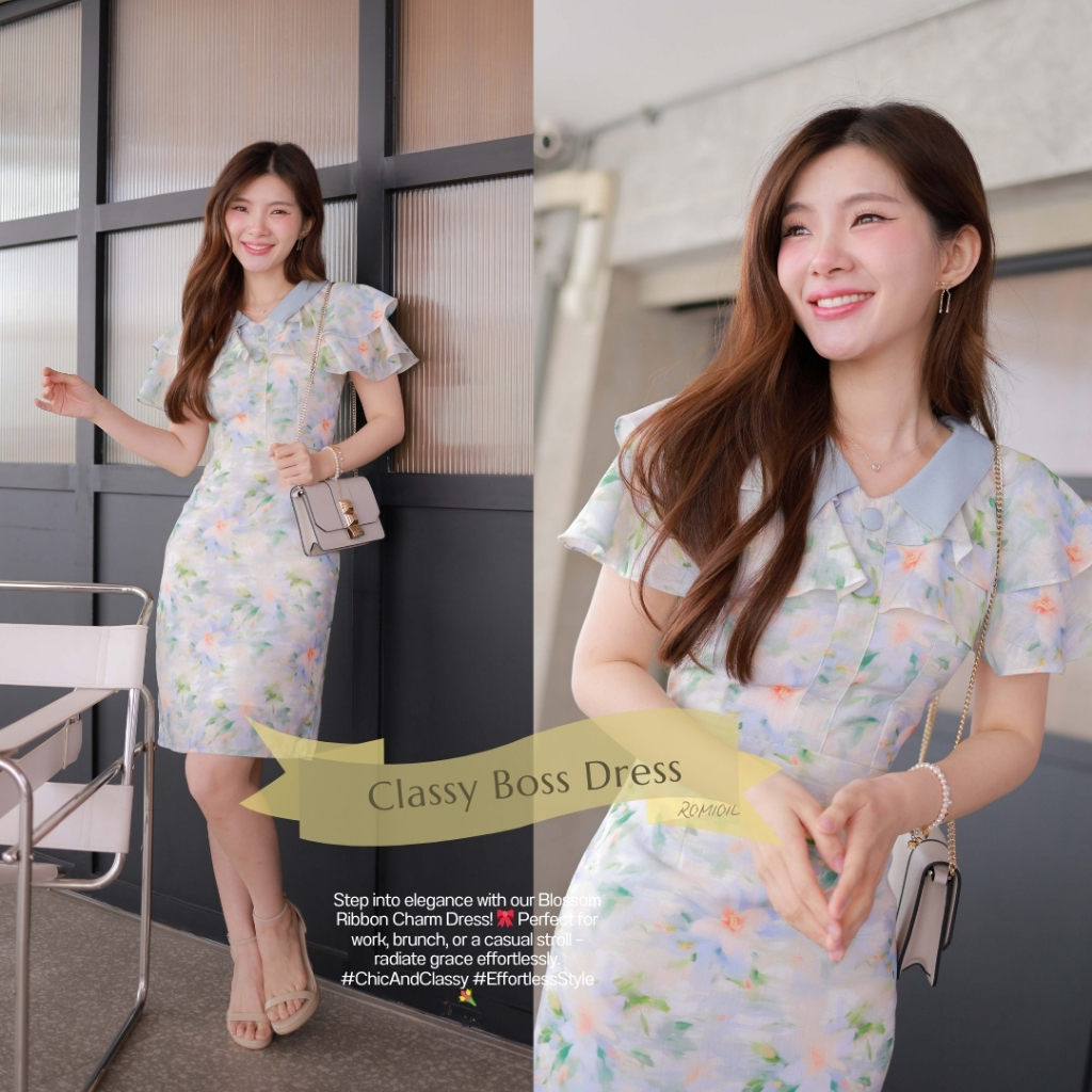 Product image Romi"Oil" Classy Boss Dress (Blue) K149 ชุดเดรสสีฟ้า (แขนระบายลายดอกไม้)