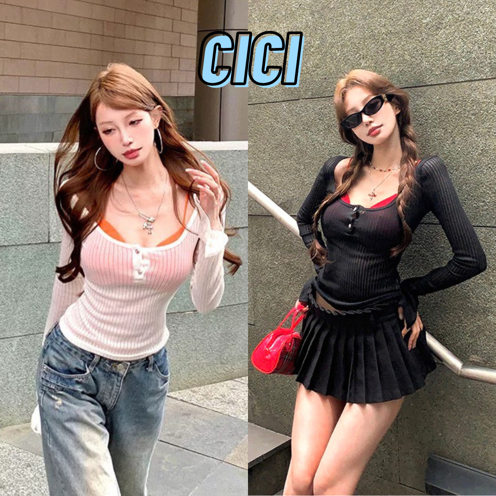 ส่งทันที Cici(NO. J1723) Set 2 ชิ้น บราสายเดี่ยวมีตะขอด้านหลัง+เสื้อแขนยาวกระดุมใช้งานได้จริงมี ...