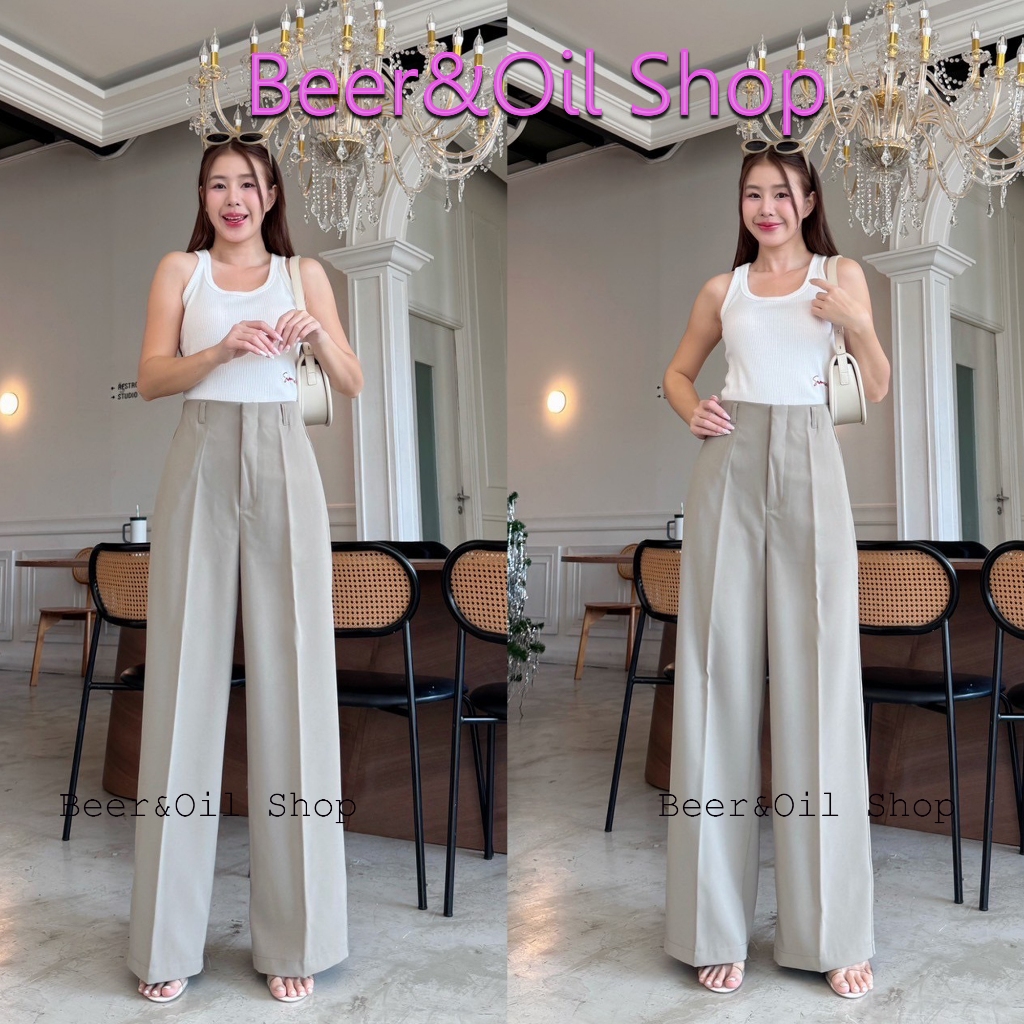 B0025 Beer&Oilกางเกงขายาวเอวสูงผ้าลิลลี่งานตะขอหน้าขอบในตัวหน้าเรียบ แต่งดีไซน์หูเข็มขัดมี ...