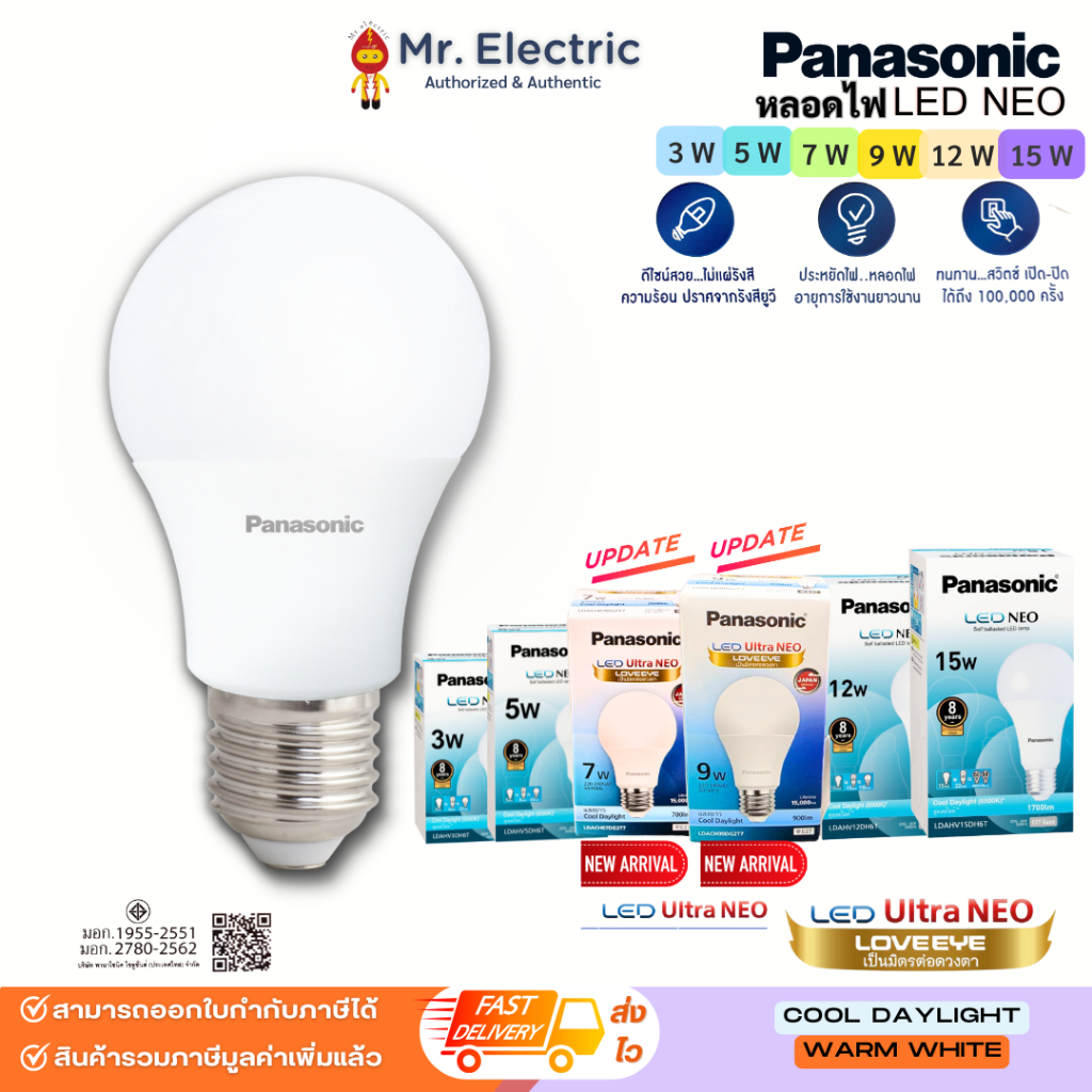 Panasonic หลอดไฟ พานาโซนิค LED Bulb NEO นีโอ 3W 5W 7W 9W 12W 15W แสงขาว ...