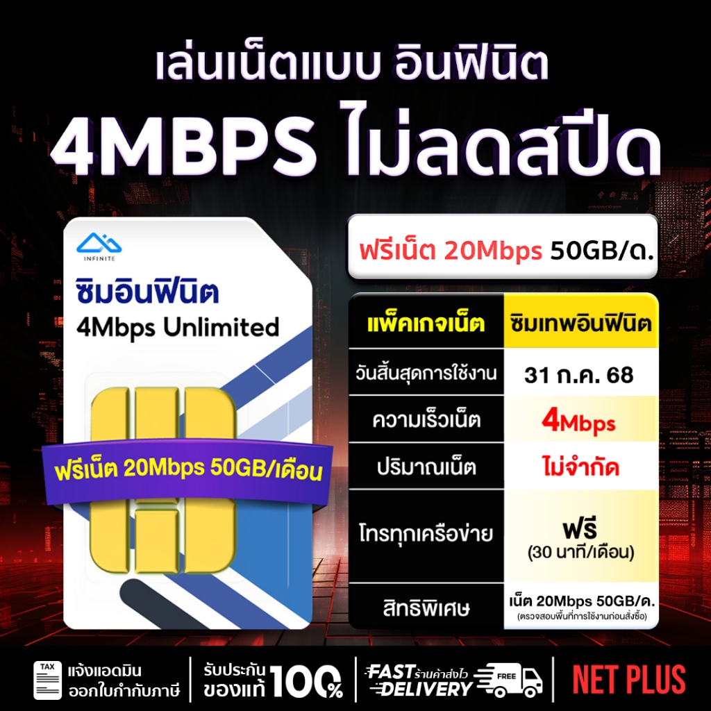 ซิมเน็ตไม่อั้น ไม่ลดสปีด 4Mbps Sim Infinite รับฟรีเน็ต 20Mbps เดือนละ 50GB Netplus | Shopee Thailand
