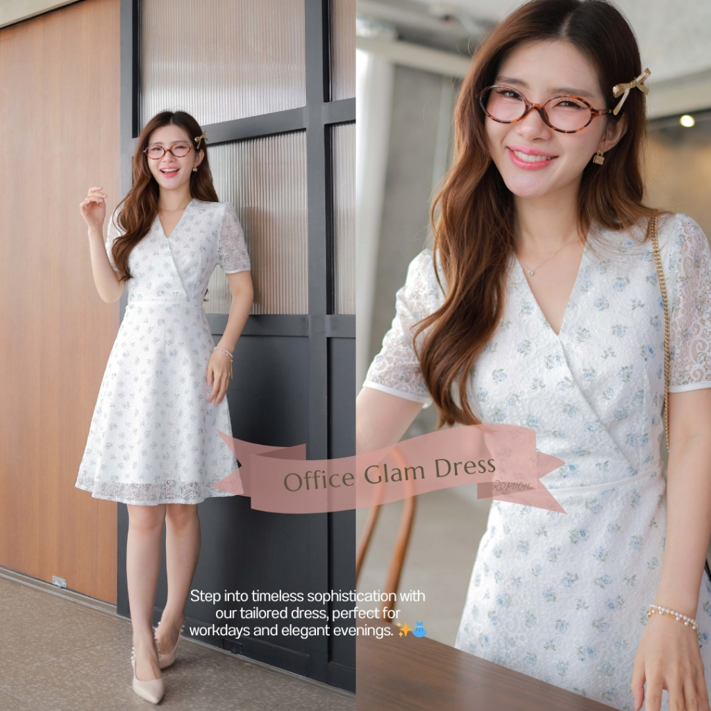 Romi"Oil" Office Glam Dress (Blue) K159 ชุดเดรสสีฟ้า (คอป้ายลูกไม้มีขอบเอว) | Shopee Thailand