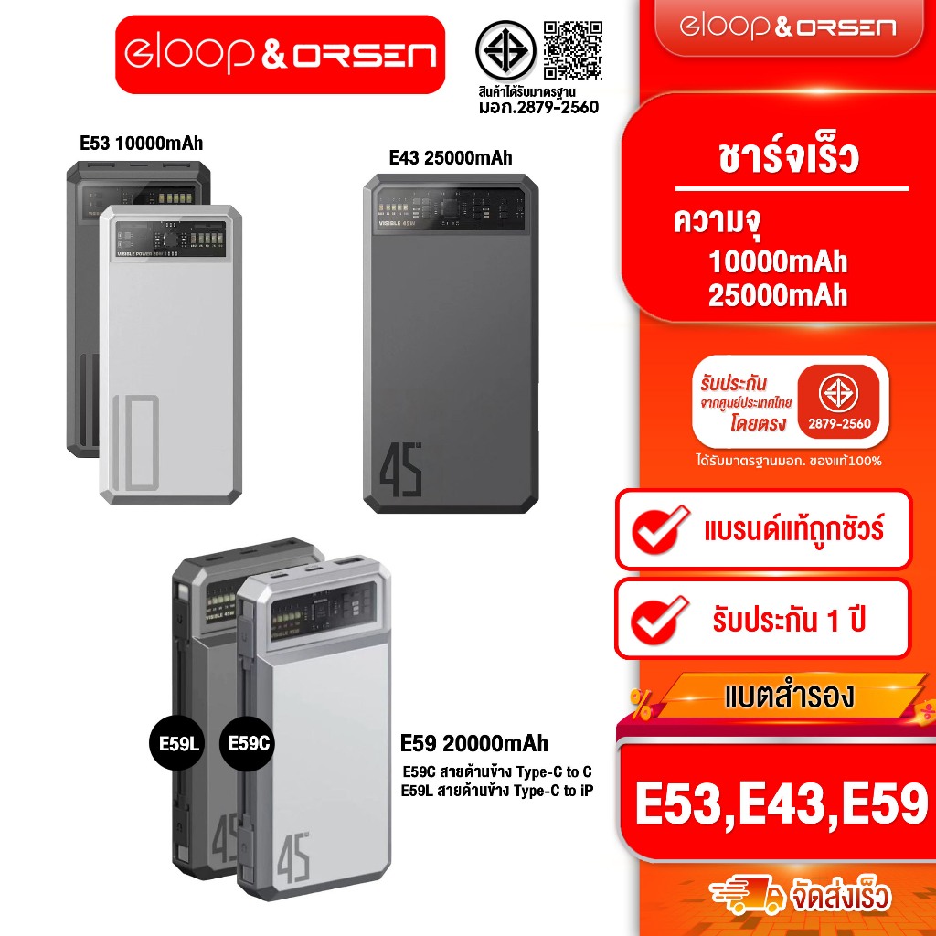 [ติดตาม รับส่วนลด] Orsen by Eloop E53 E59 E43 แบตสำรอง 10000/ 20000 ...